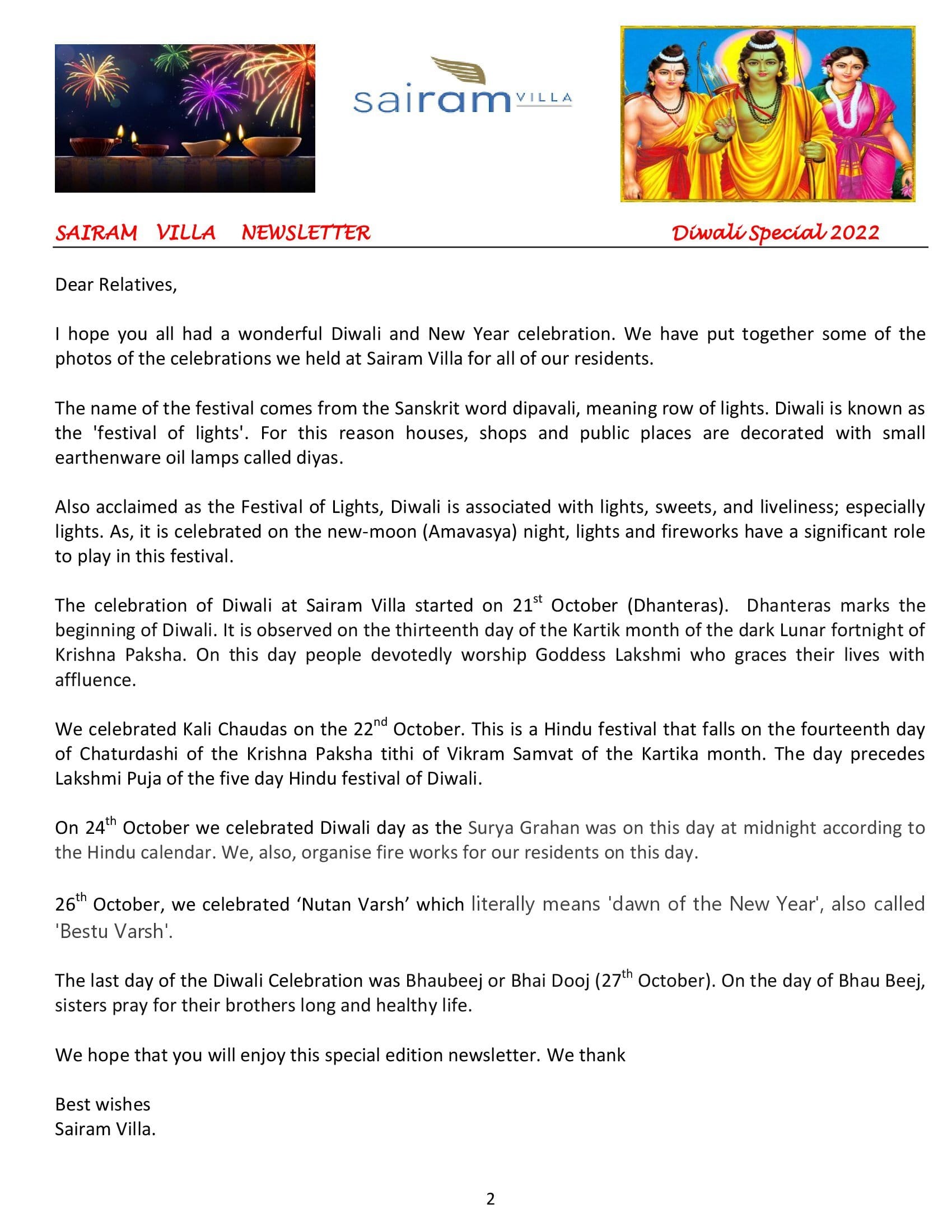 Sairam Villa - Diwali Newsletter 2022 - Angelcare PLC | MNS Care PLC