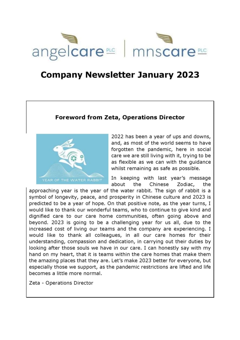 Company Newsletter - January 2023 - Angelcare PLC | MNS Care PLC